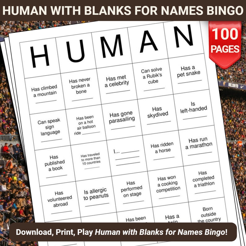 Human With Blanks for Names Bingo Cards - 100 Pages to Download and ...