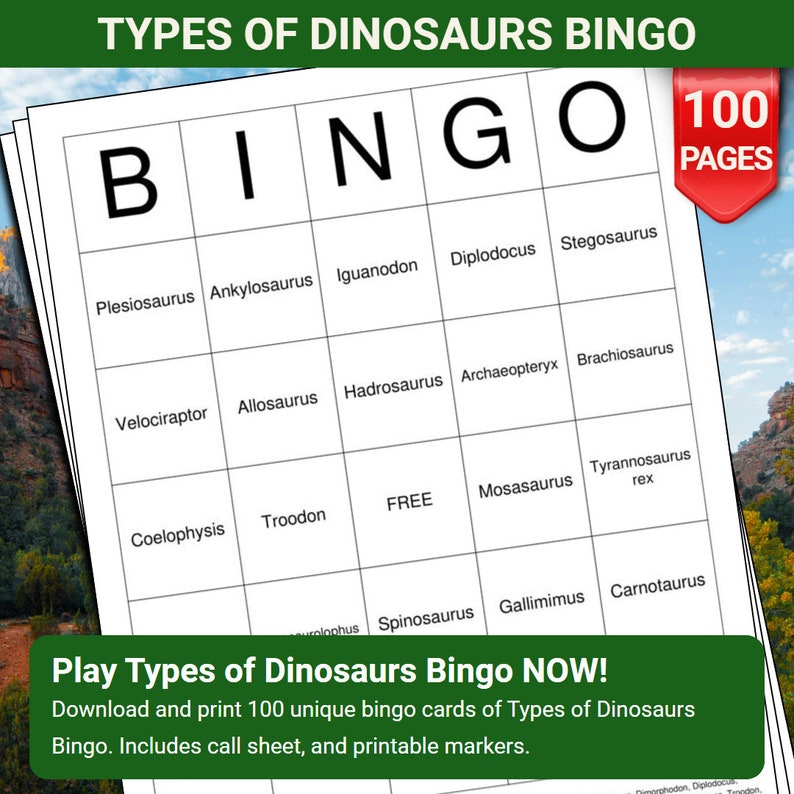Types of Dinosaurs Bingo Cards - 100 Pages to Download and Print - Etsy