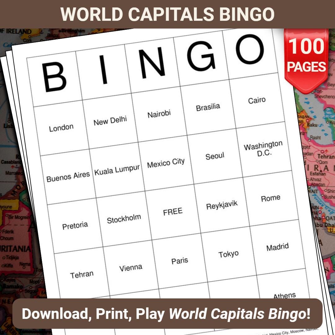 World Capitals Bingo Cards - 100 Pages to Download and Print - Etsy