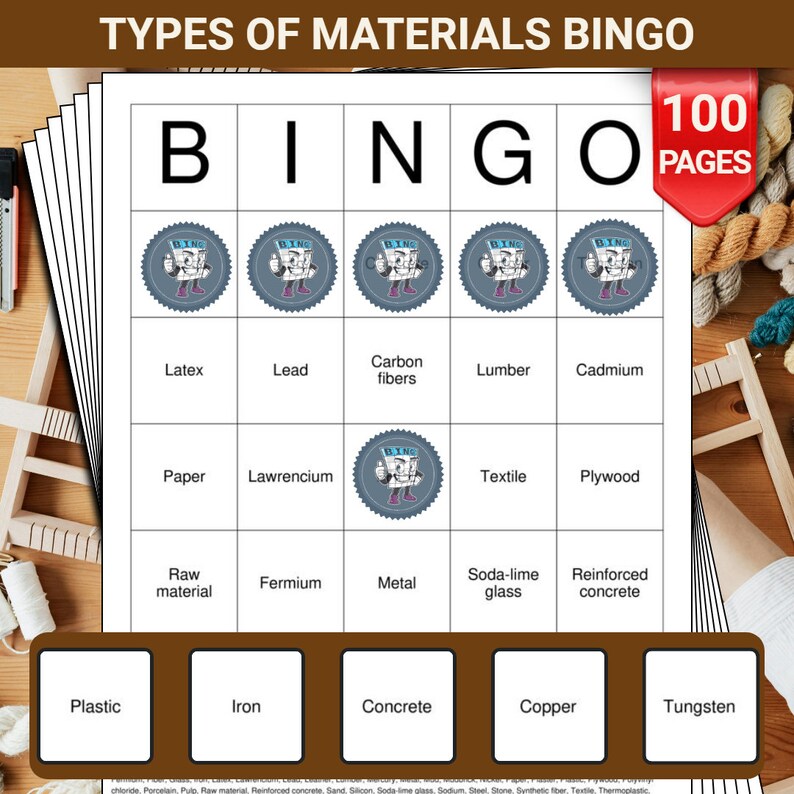 Types of Materials Bingo Cards - 100 Pages to Download and Print - Etsy