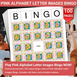 Pink Alphabet Letter Images Bingo Cards - 100 Pages to Download and ...