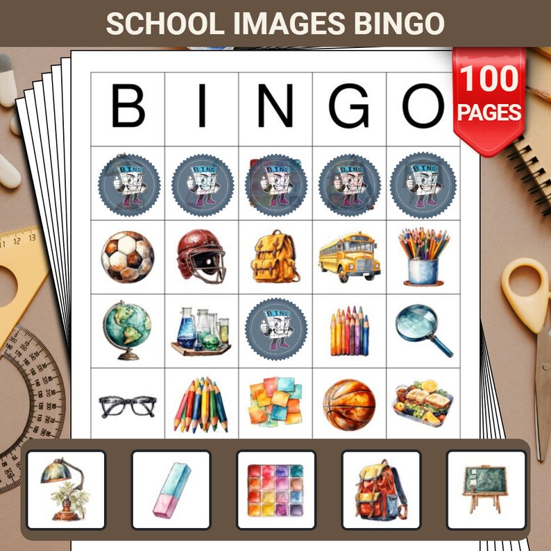 School Images Bingo Cards - 100 Pages to Download and Print - Etsy