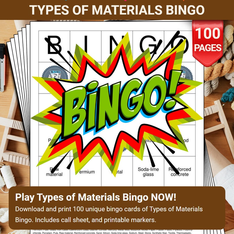 Types of Materials Bingo Cards - 100 Pages to Download and Print - Etsy