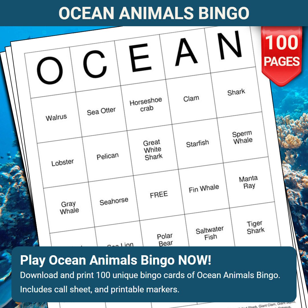Ocean Animals Bingo Cards - 100 Pages to Download and Print - Etsy