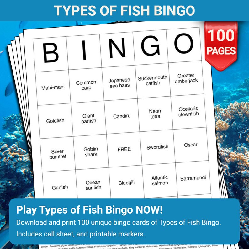 Types of Fish Bingo Cards - 100 Pages to Download and Print - Etsy