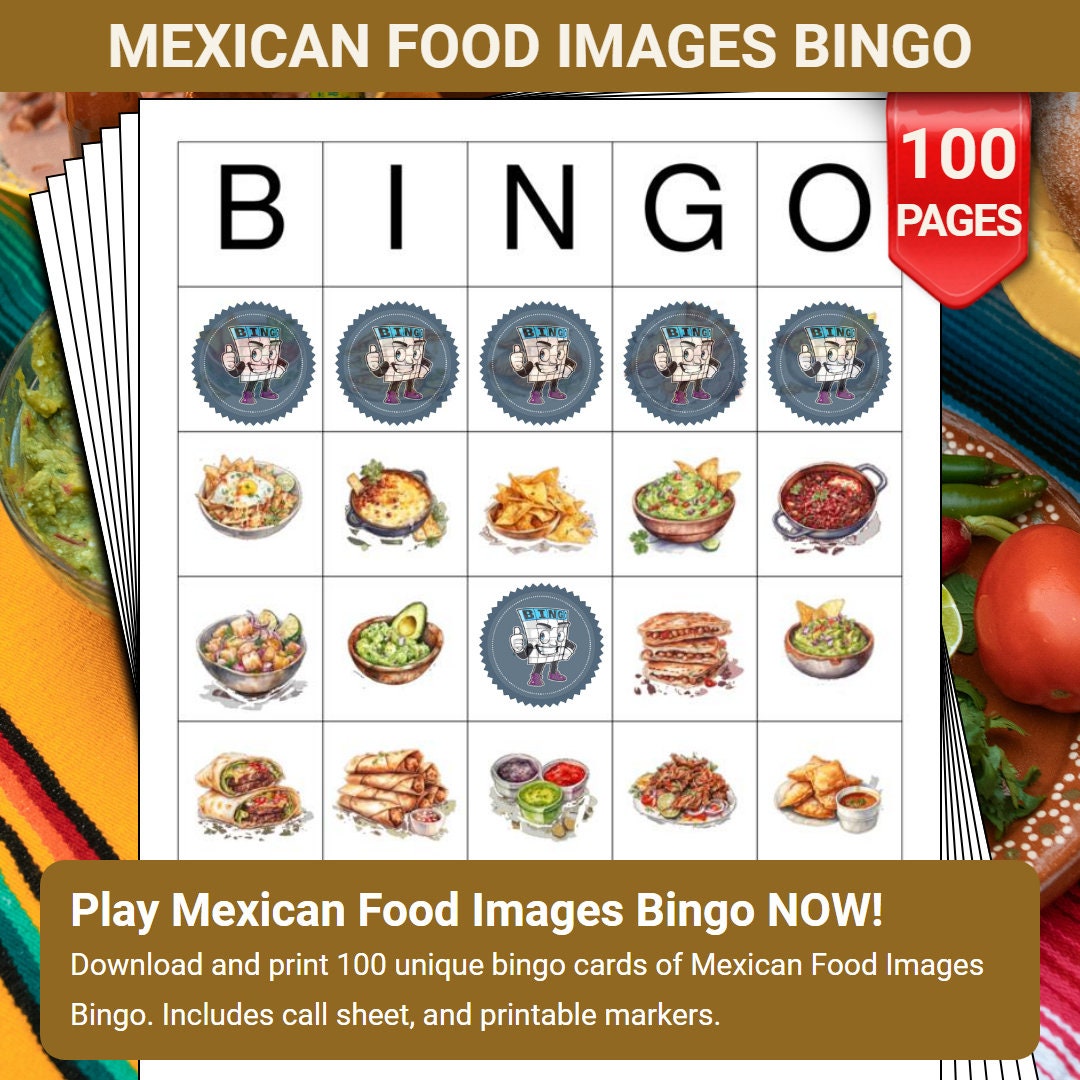 Mexican Food Images Bingo Cards 100 Pages to Download and Print - Etsy
