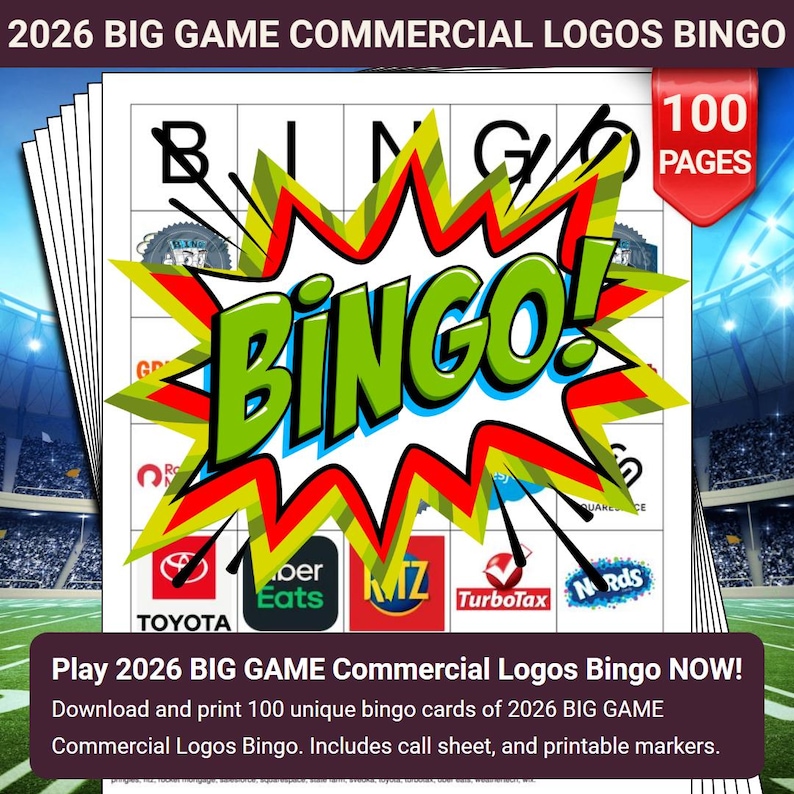 2026 BIG GAME Commercial Logos Bingo Cards - 100 Pages to Download and ...