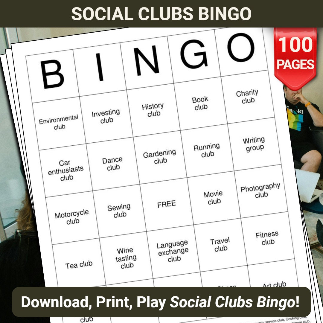 Social Clubs Bingo Cards - 100 Pages to Download and Print - Etsy
