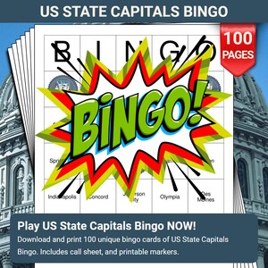 US State Capitals Bingo Cards - 100 Pages to Download and Print - Etsy