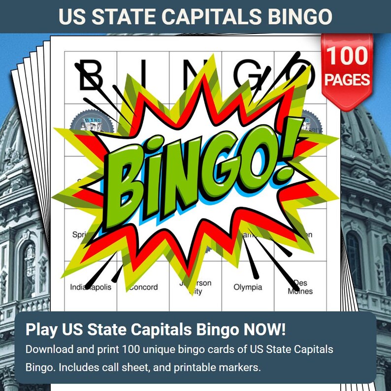 US State Capitals Bingo Cards - 100 Pages to Download and Print - Etsy
