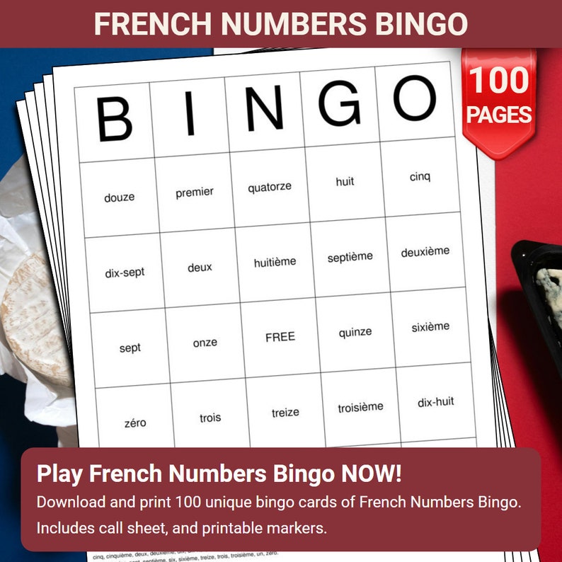 French Numbers Bingo Cards - 100 Pages to Download and Print - Etsy