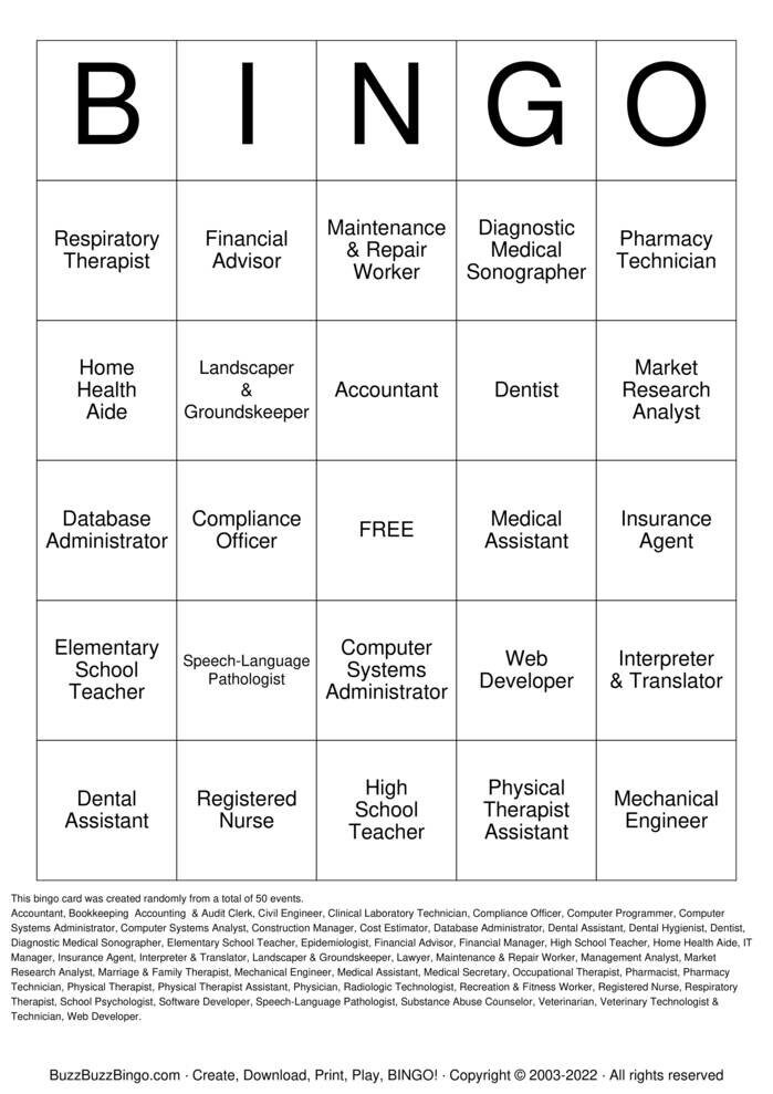 Types of Jobs Bingo Cards - 100 Pages to Download and Print - Etsy