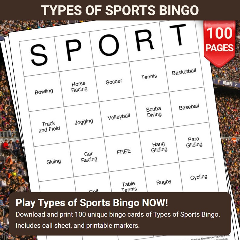 Types of Sports Bingo Cards - 100 Pages to Download and Print - Etsy