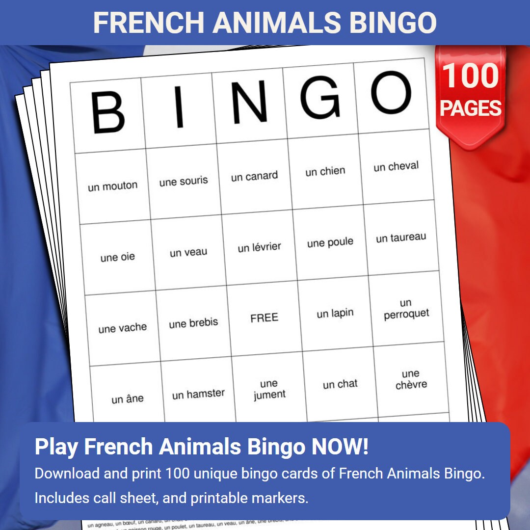 French Animals Bingo Cards 100 Pages to Download and Print - Etsy