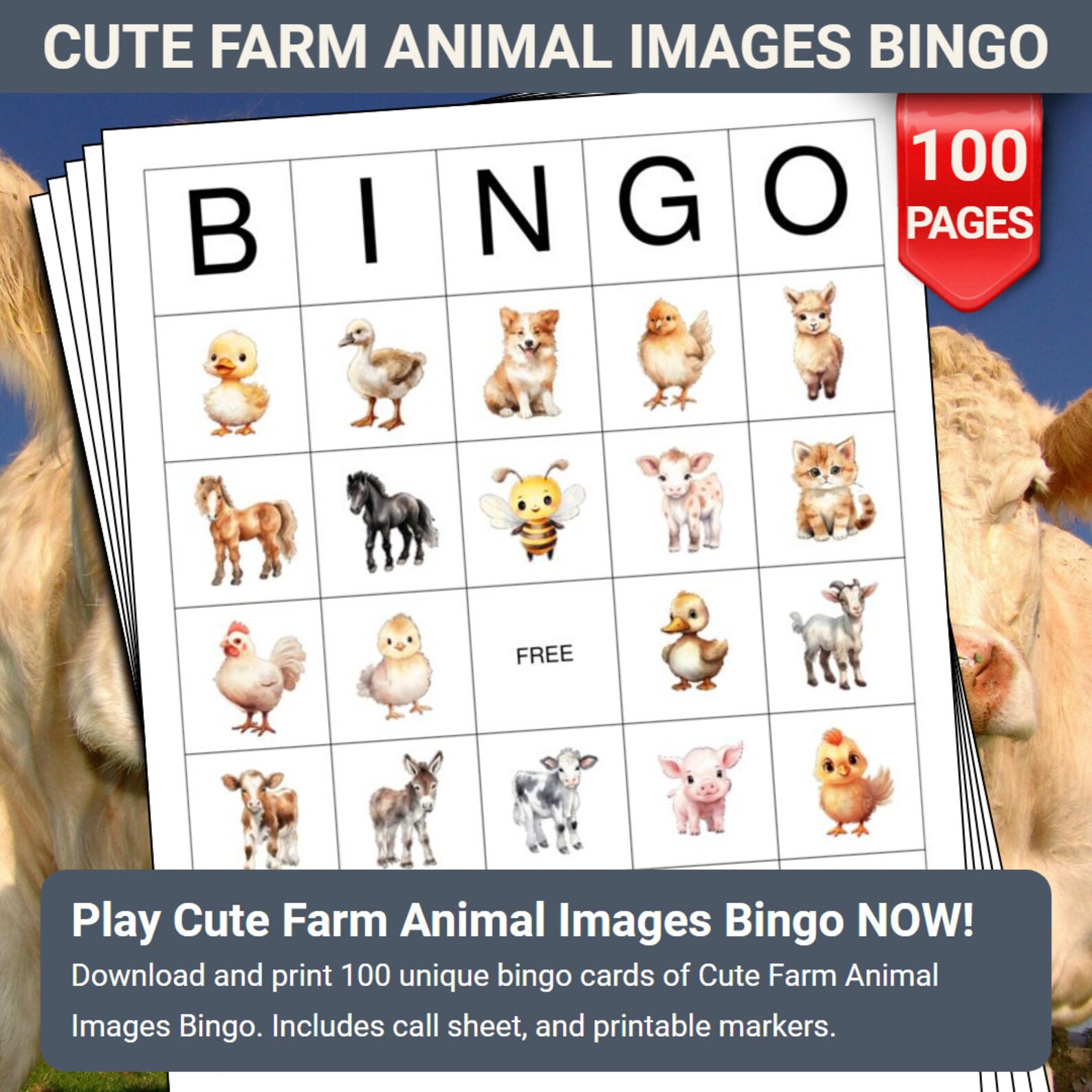 Cute Farm Animal Images Bingo Cards - 100 Pages to Download and Print ...