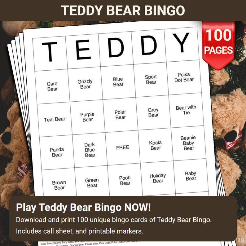 Teddy Bear Bingo Cards - 100 Pages to Download and Print - Etsy