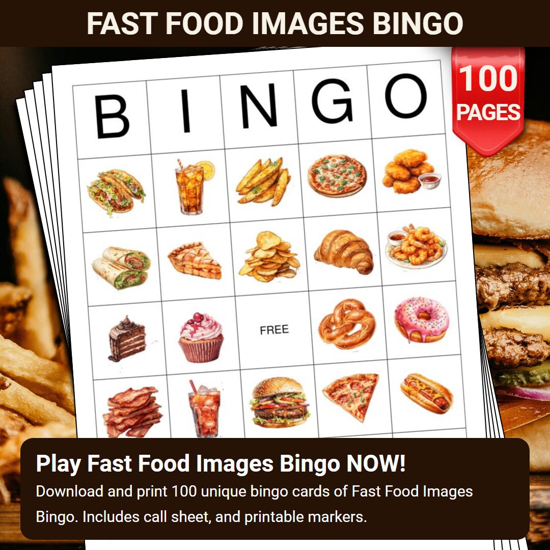 Fast Food Images Bingo Cards - 100 Pages to Download and Print - Etsy
