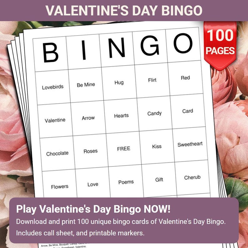 Valentine's Day Bingo Cards - 100 Pages to Download and Print - Etsy