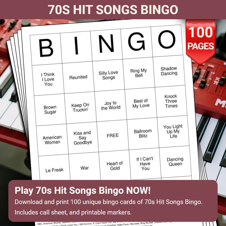 70s Hit Songs Bingo Cards - 100 Pages to Download and Print - Etsy