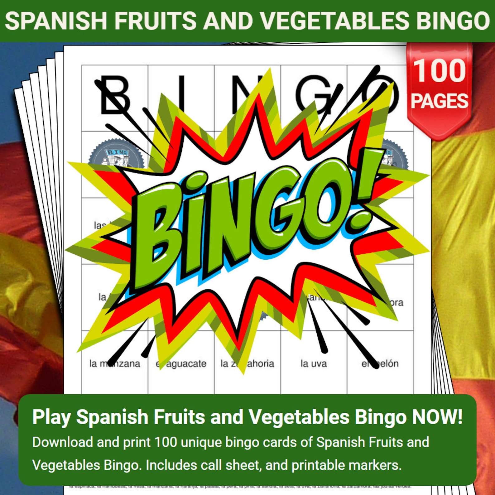 Spanish Fruits and Vegetables Bingo Cards - 100 Pages to Download and ...