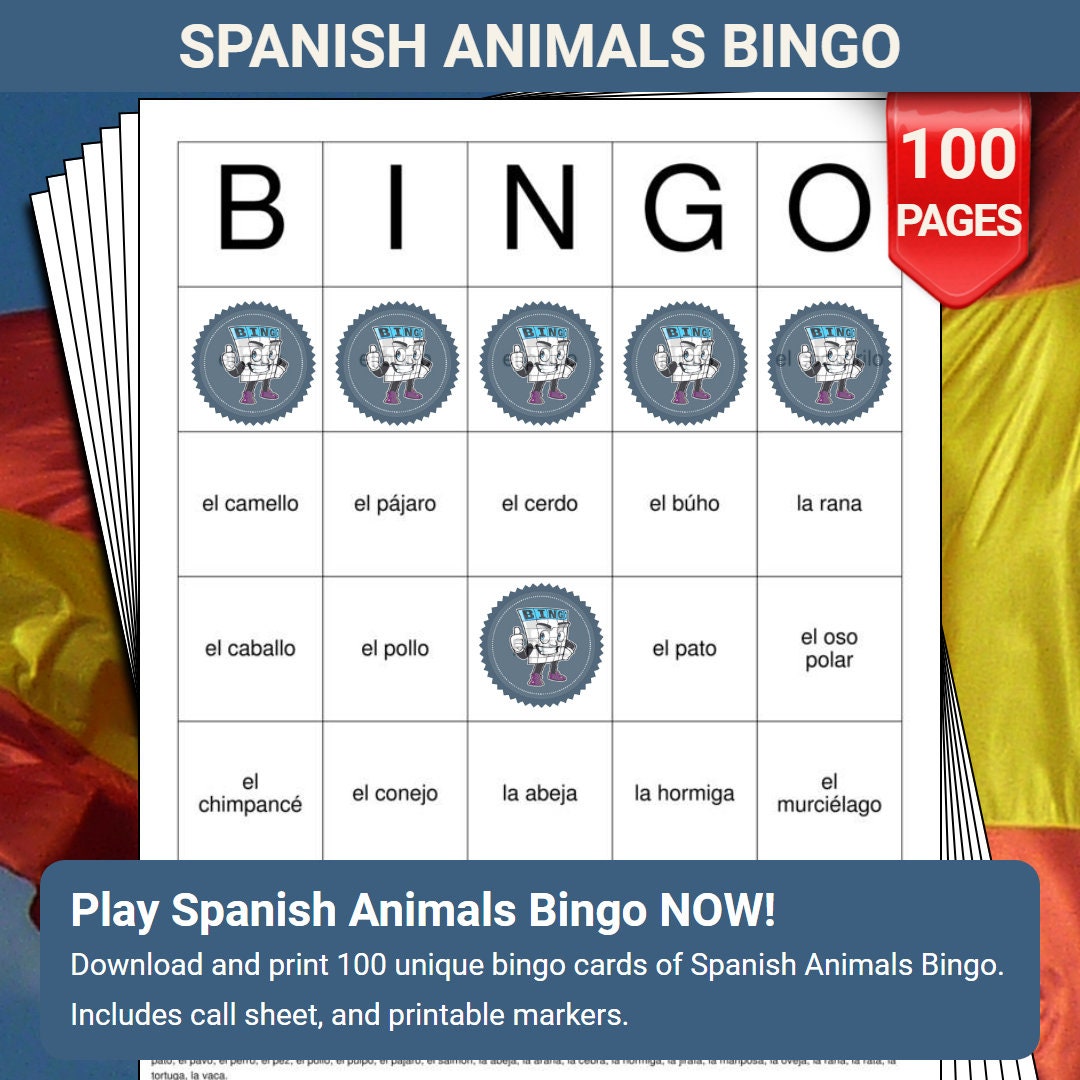 Spanish Animals Bingo Cards 100 Pages to Download and Print - Etsy