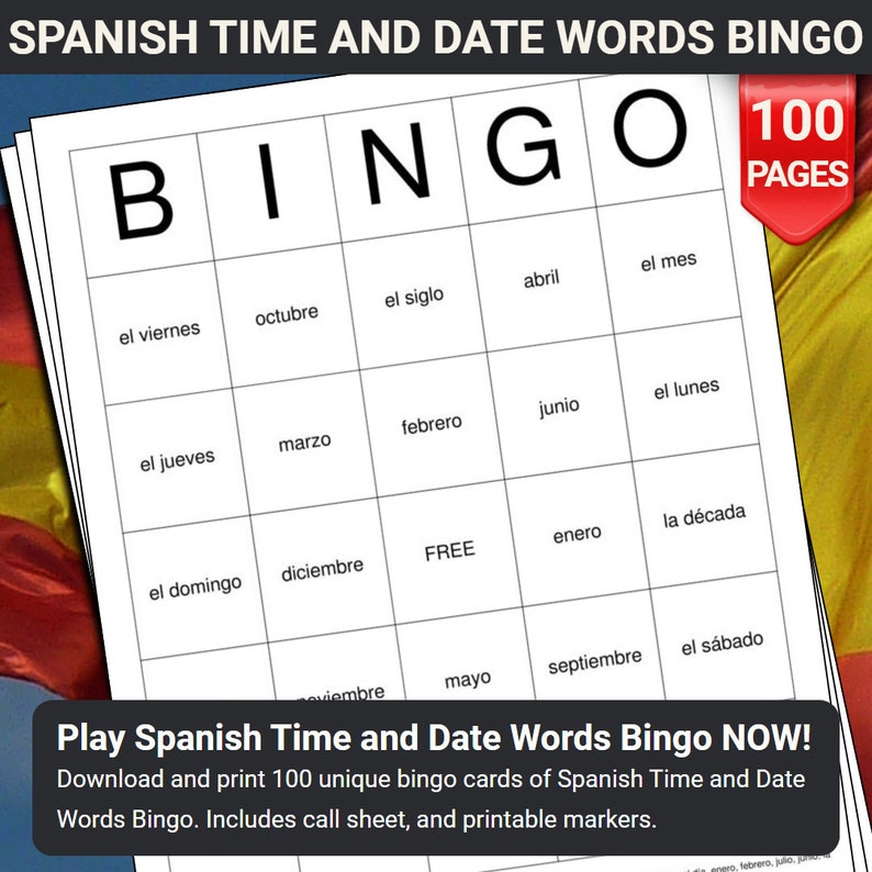 Spanish Time and Date Words Bingo Cards - 100 Pages to Download and ...