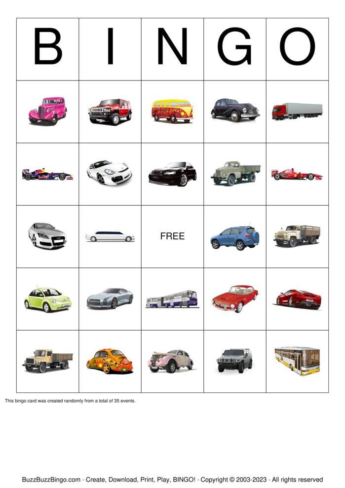 Images of Cars Bingo Cards - 100 Pages to Download and Print - Etsy