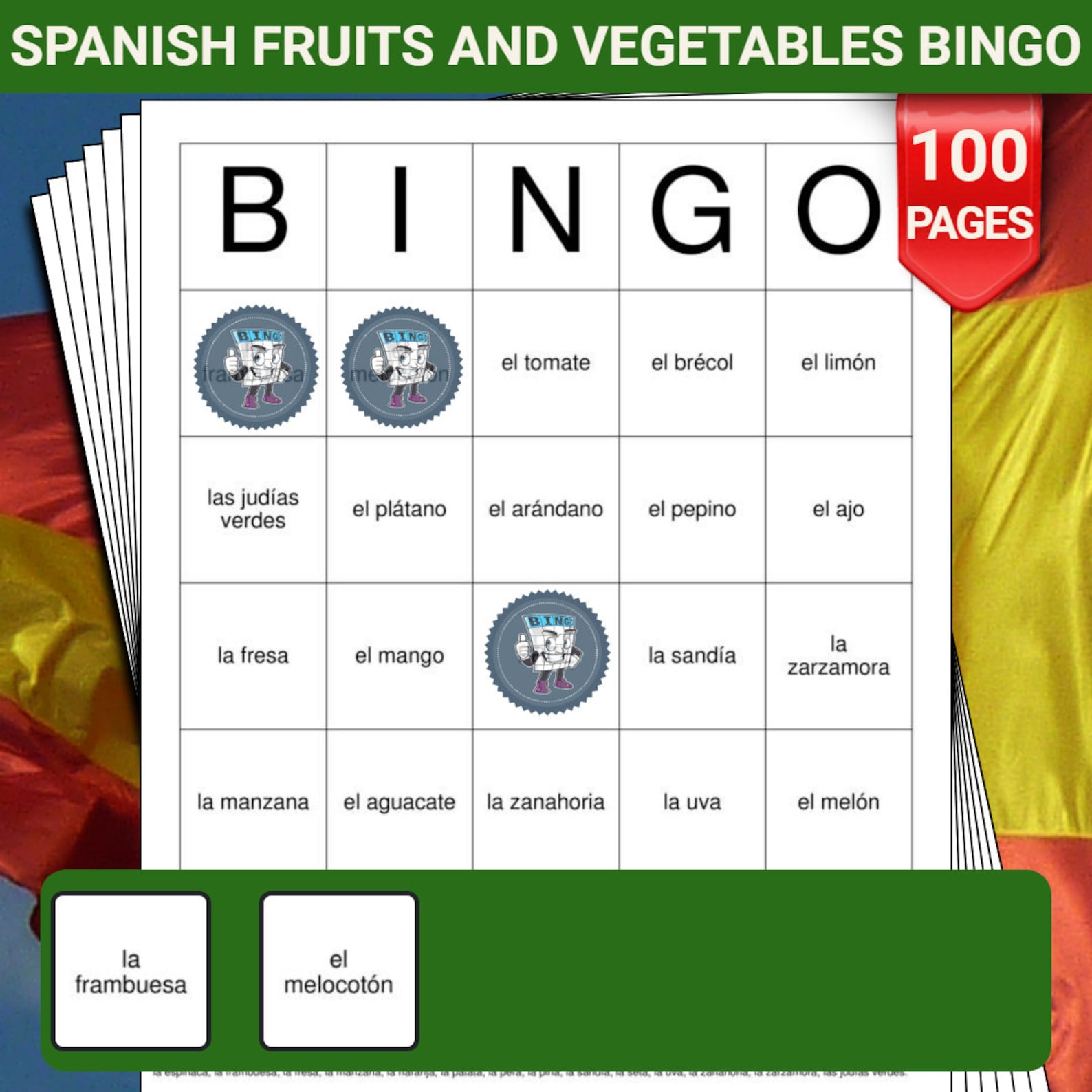 Spanish Fruits and Vegetables Bingo Cards - 100 Pages to Download and ...