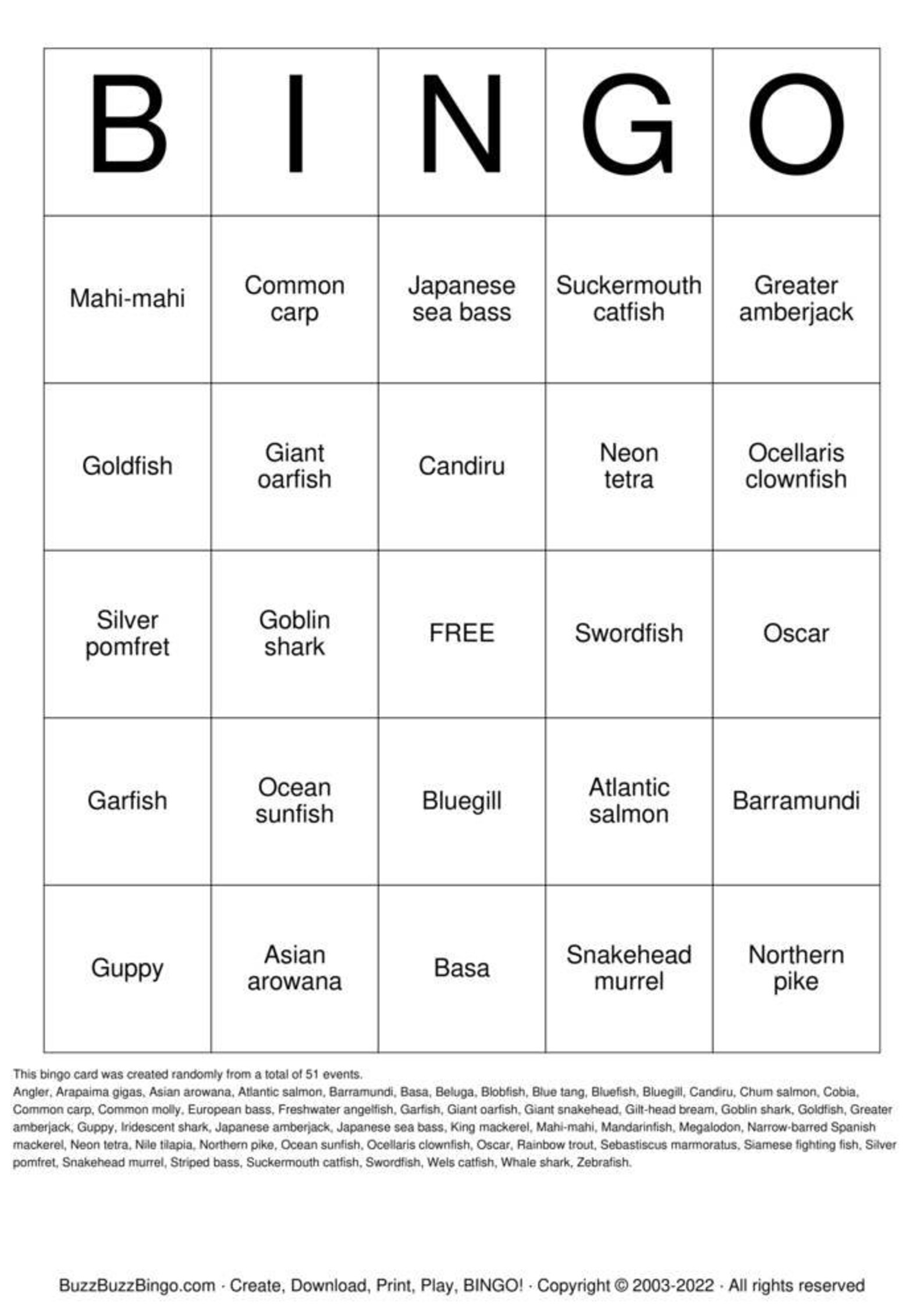 Types of Fish Bingo Cards - 100 Pages to Download and Print - Etsy