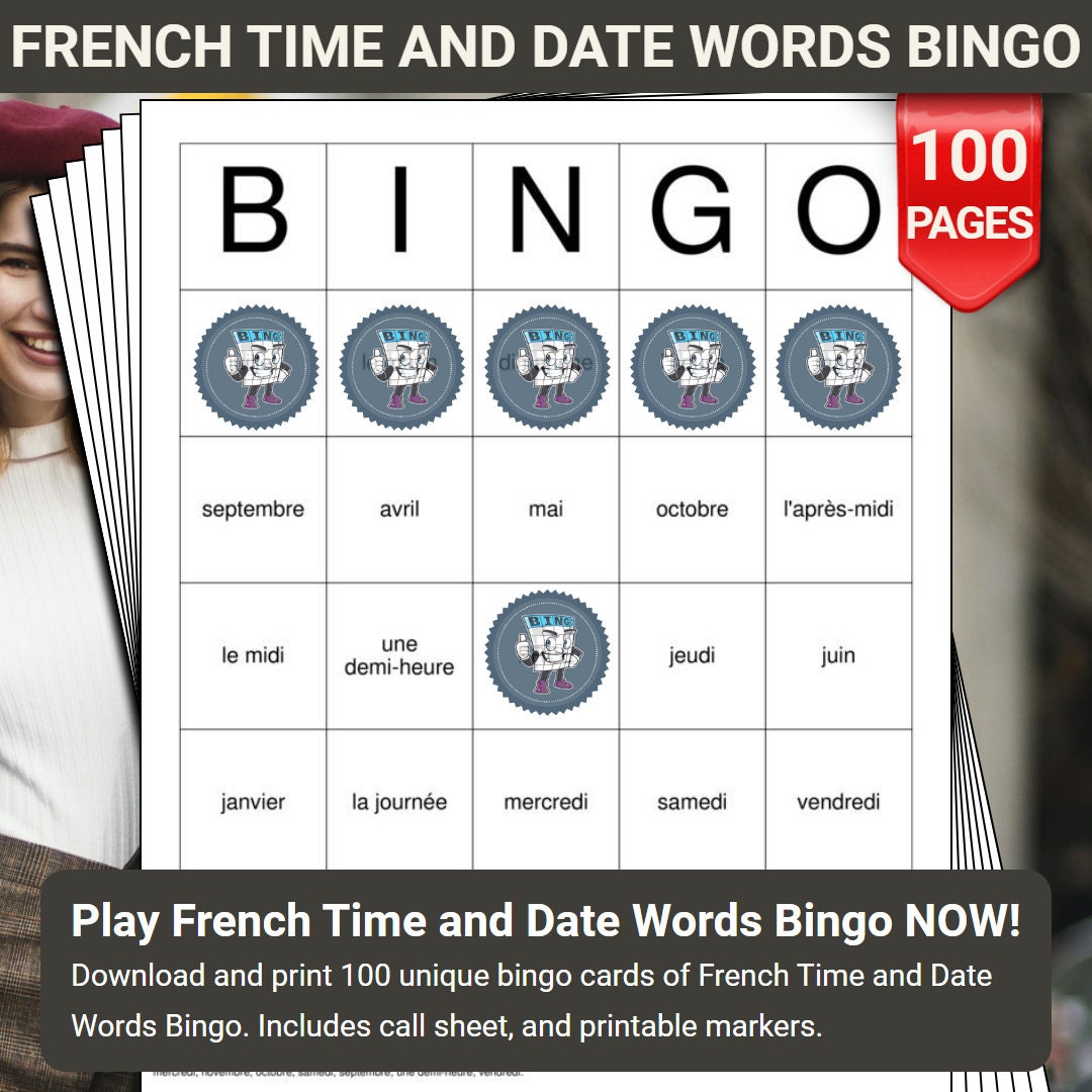 French Time and Date Words Bingo Cards 100 Pages to Download and Print ...