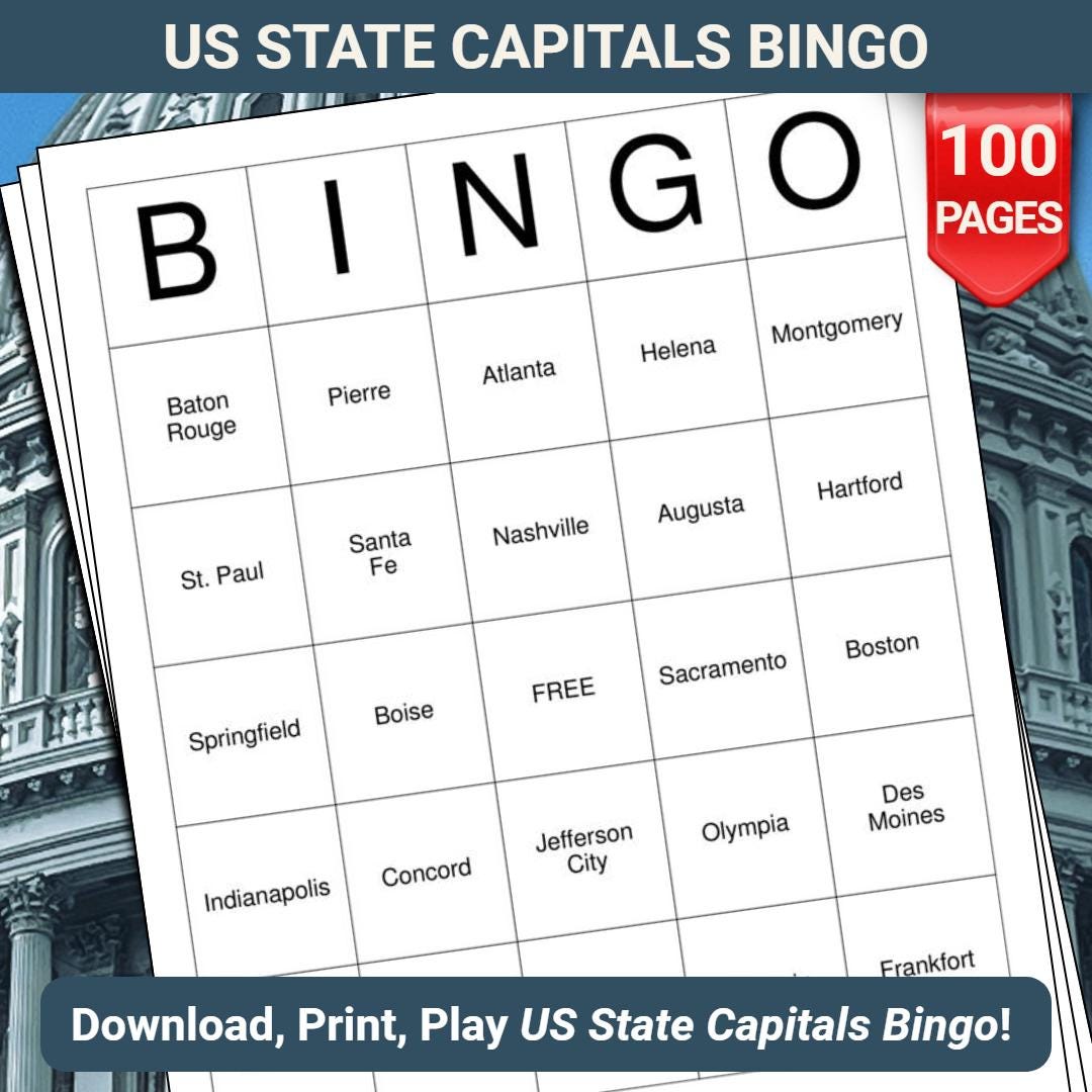 US State Capitals Bingo Cards - 100 Pages to Download and Print - Etsy