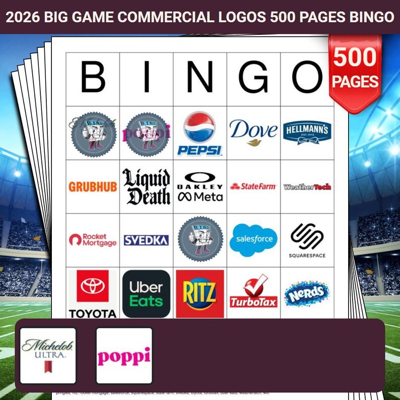 2026 BIG GAME Commercial Logos 500 Pages Bingo Cards - 500 Pages to ...