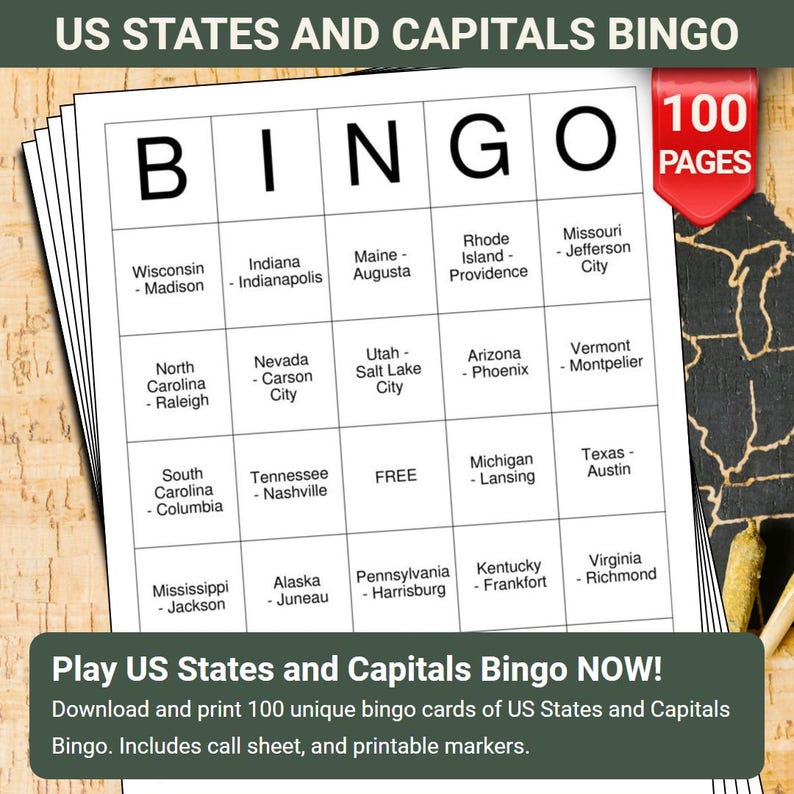 US States and Capitals Bingo Cards - 100 Pages to Download and Print - Etsy