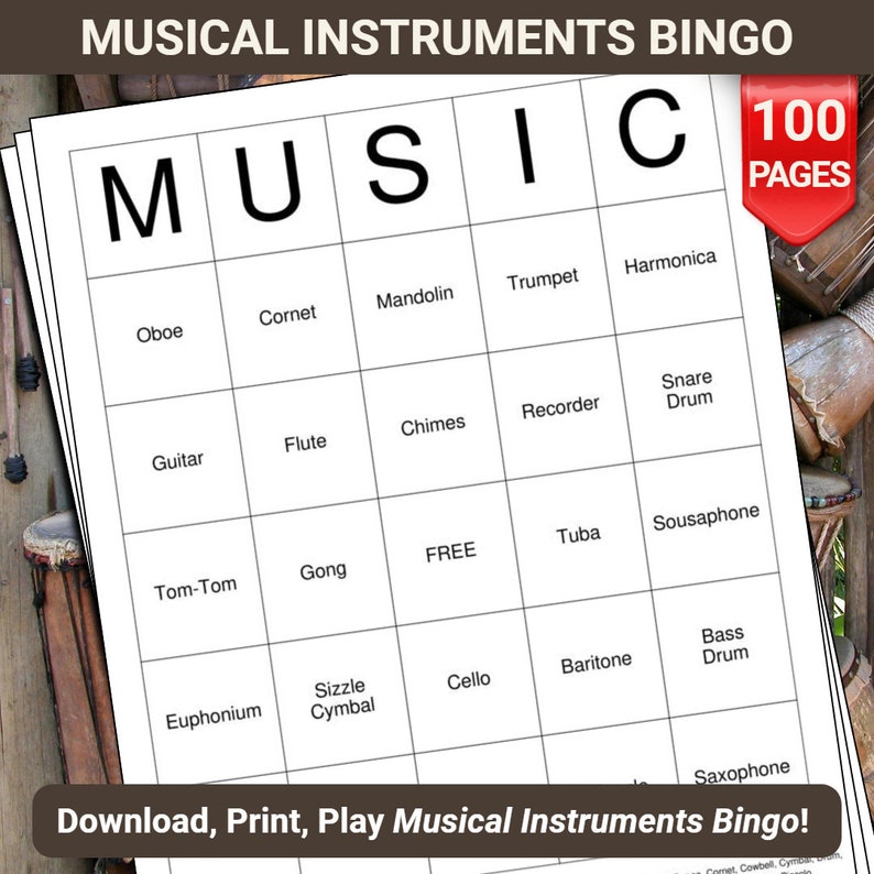 Musical Instruments Bingo Cards - 100 Pages to Download and Print - Etsy
