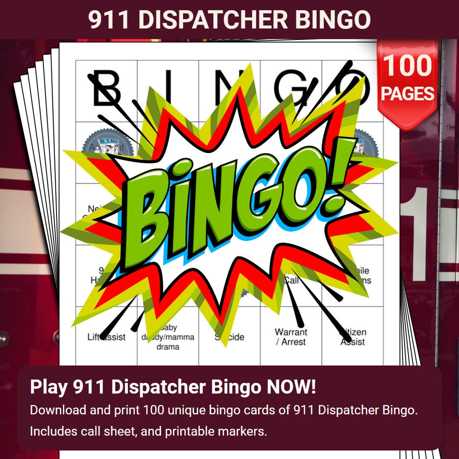 911 Dispatcher Bingo Cards - 100 Pages to Download and Print - Etsy