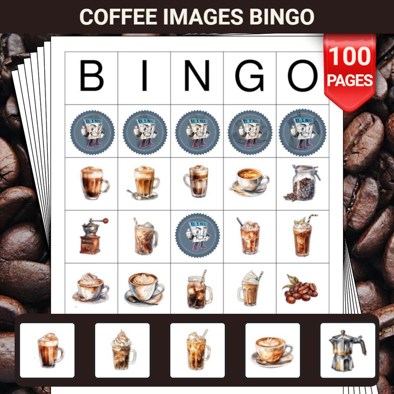 Coffee Images Bingo Cards - 100 Pages to Download and Print - Etsy