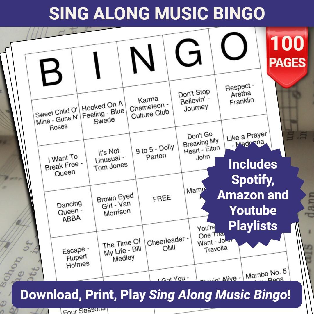 Sing Along Music Bingo Cards - 100 Pages to Download and Print - Etsy