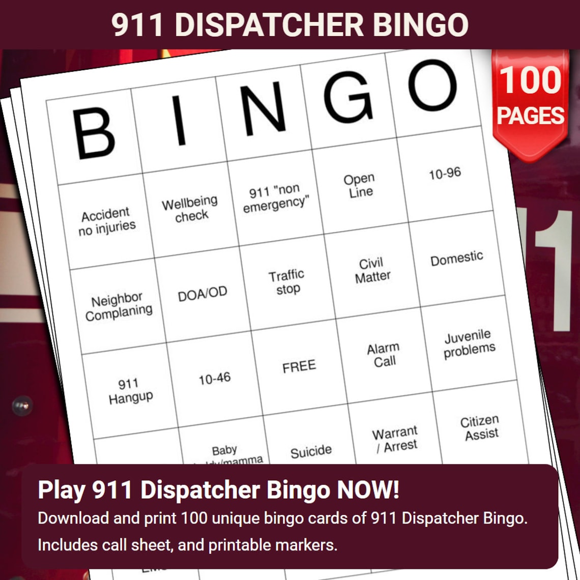 911 Dispatcher Bingo Cards - 100 Pages to Download and Print - Etsy