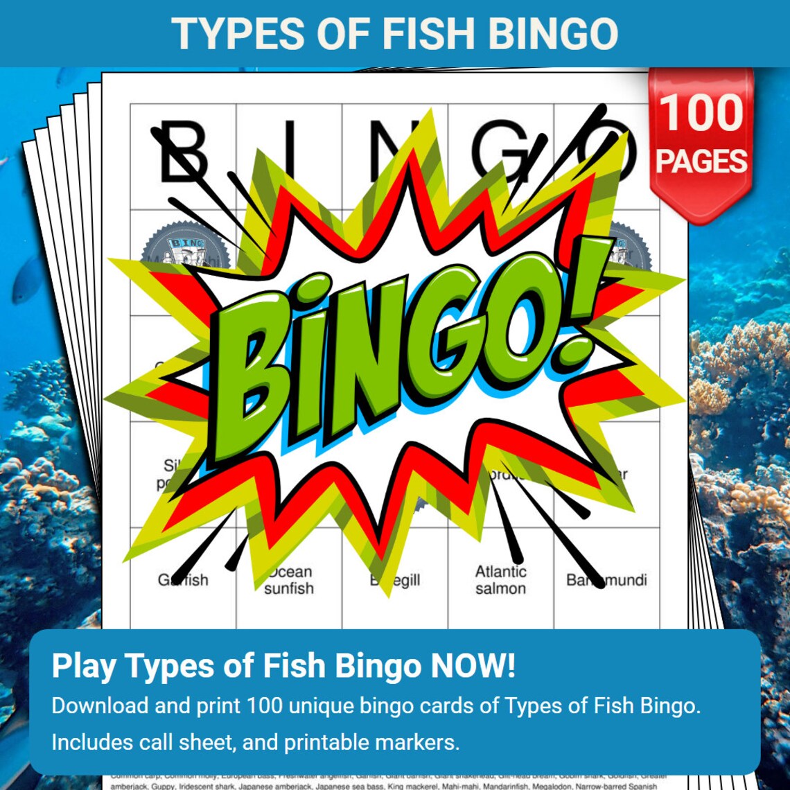 Types of Fish Bingo Cards - 100 Pages to Download and Print - Etsy