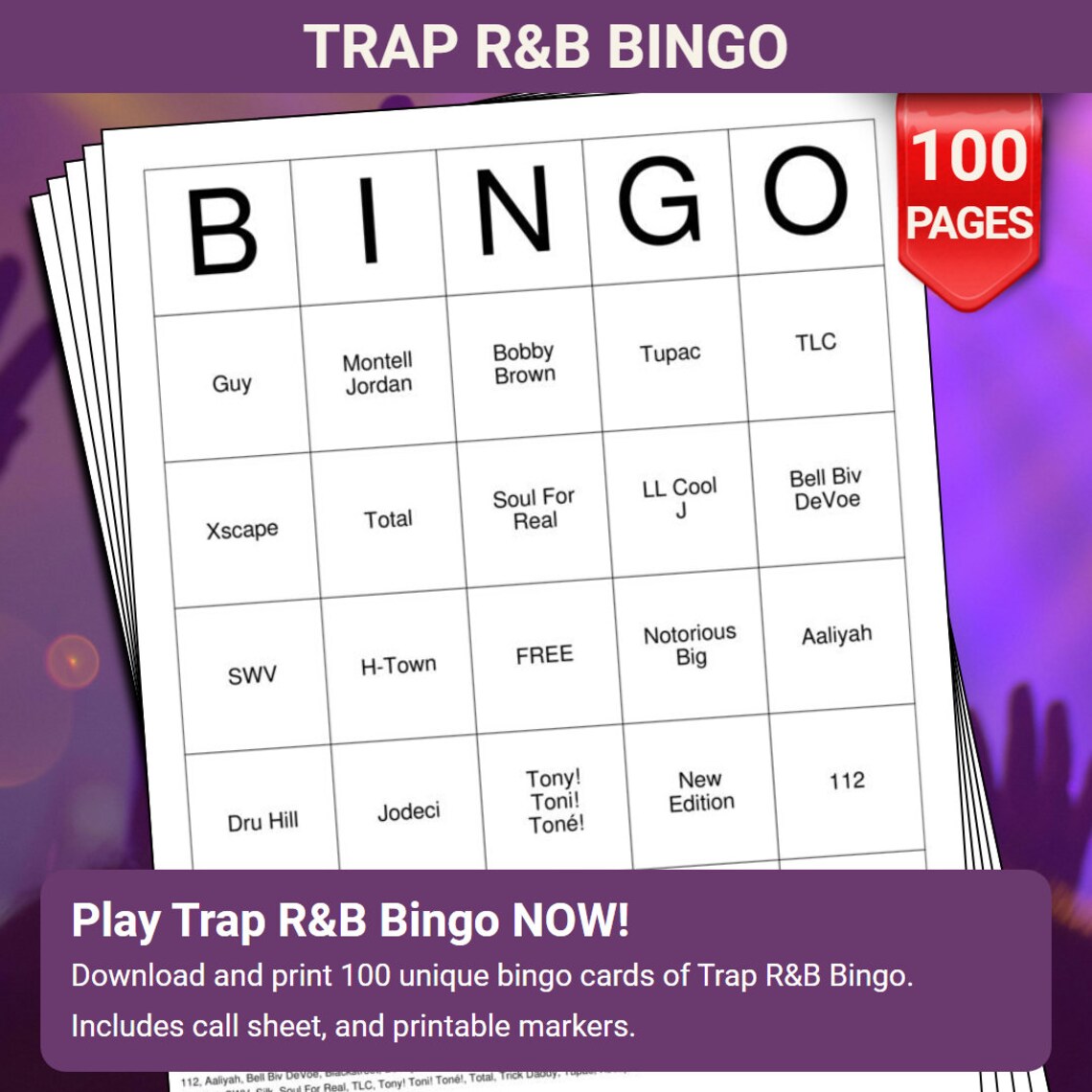 Trap R&B Bingo Cards - 100 Pages to Download and Print - Etsy