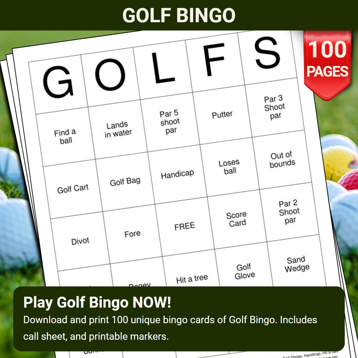 Golf Bingo Cards - 100 Pages to Download and Print - Etsy