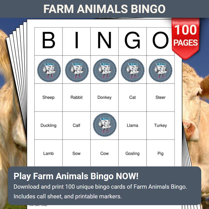 Farm Animals Bingo Cards 100 Pages to Download and Print - Etsy
