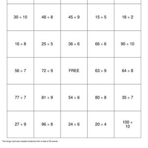 Math Division Bingo Cards - 100 Pages to Download and Print - Etsy