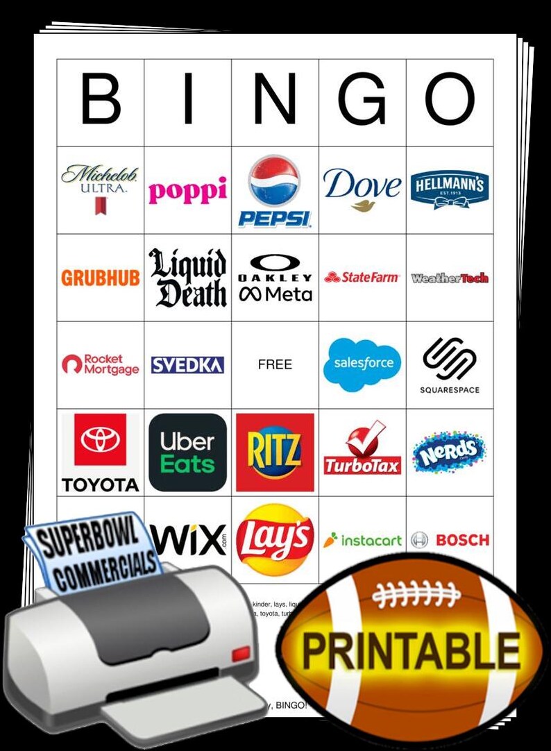 2026 BIG GAME Commercial Logos Bingo Cards - 100 Pages to Download and ...
