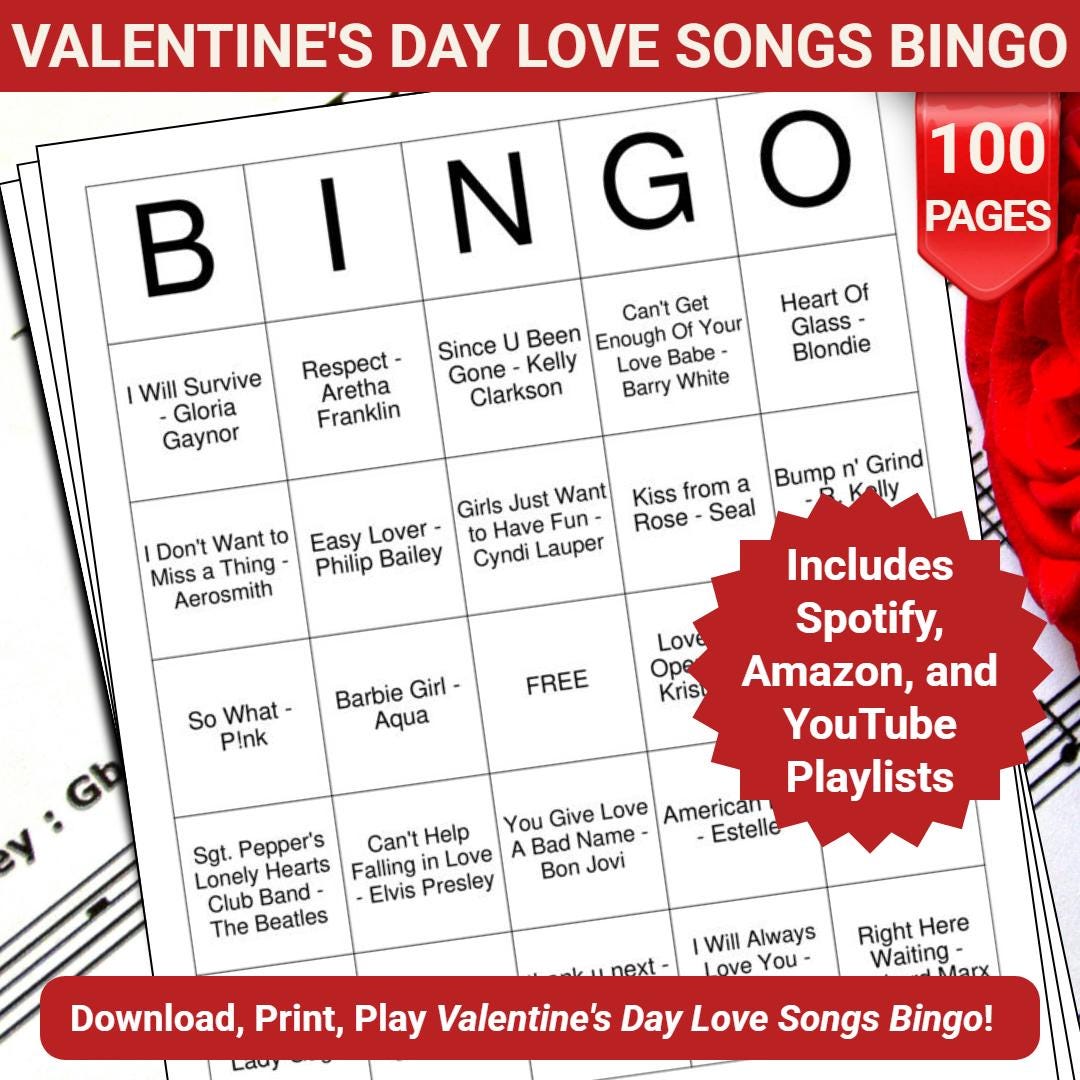 Valentine's Day Love Songs Bingo Cards - 100 Pages to Download and ...