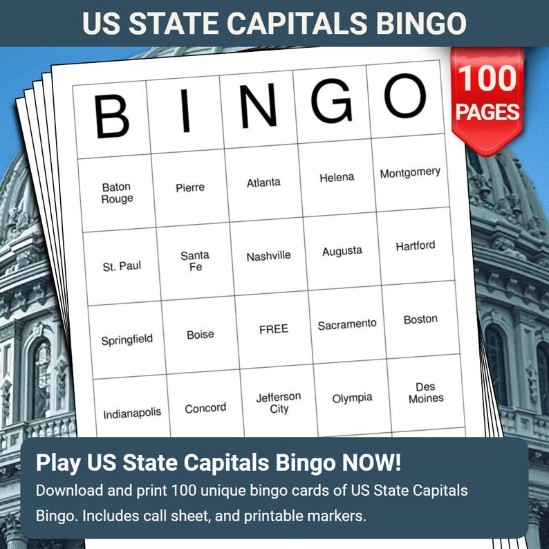 US State Capitals Bingo Cards - 100 Pages to Download and Print - Etsy