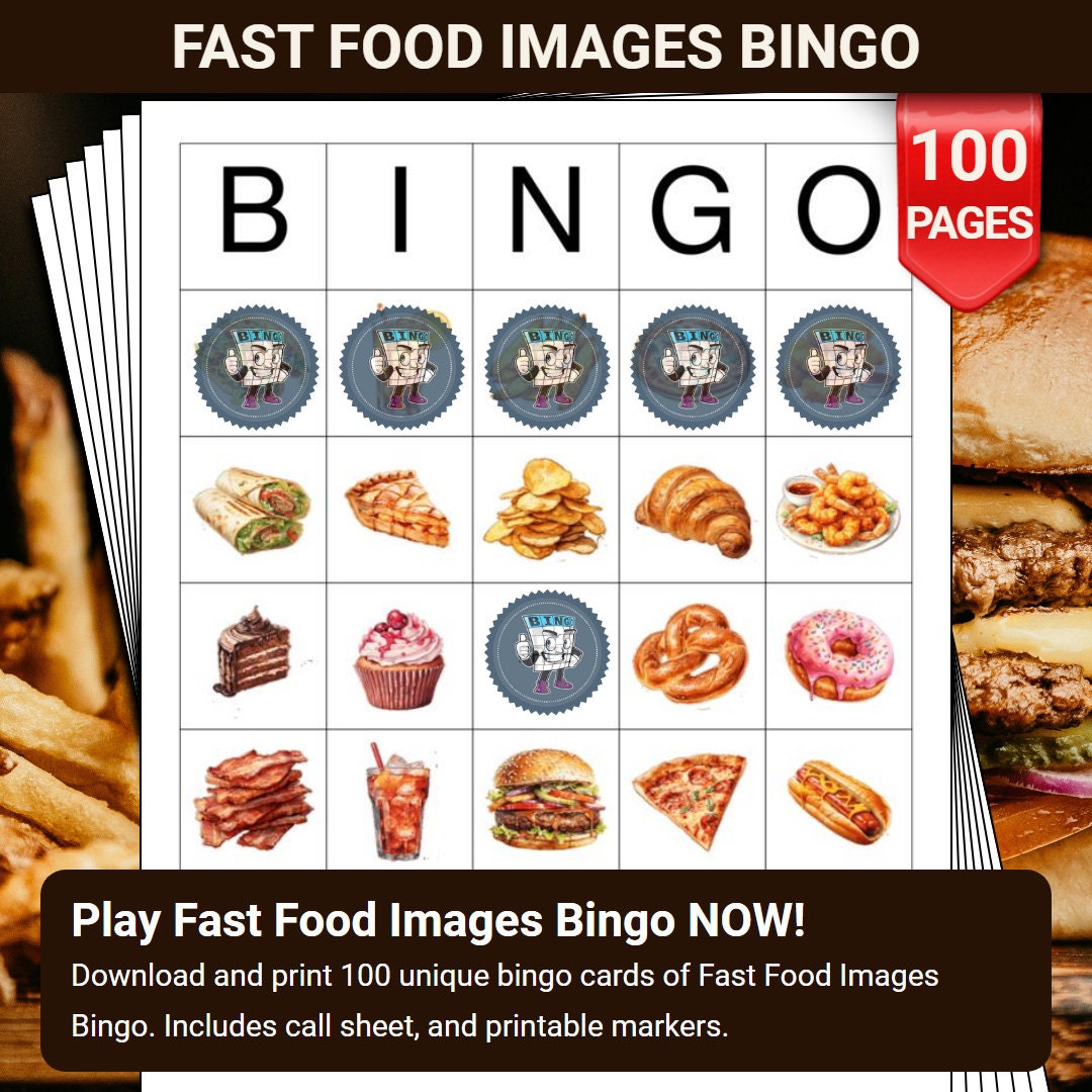 Fast Food Images Bingo Cards 100 Pages to Download and Print - Etsy