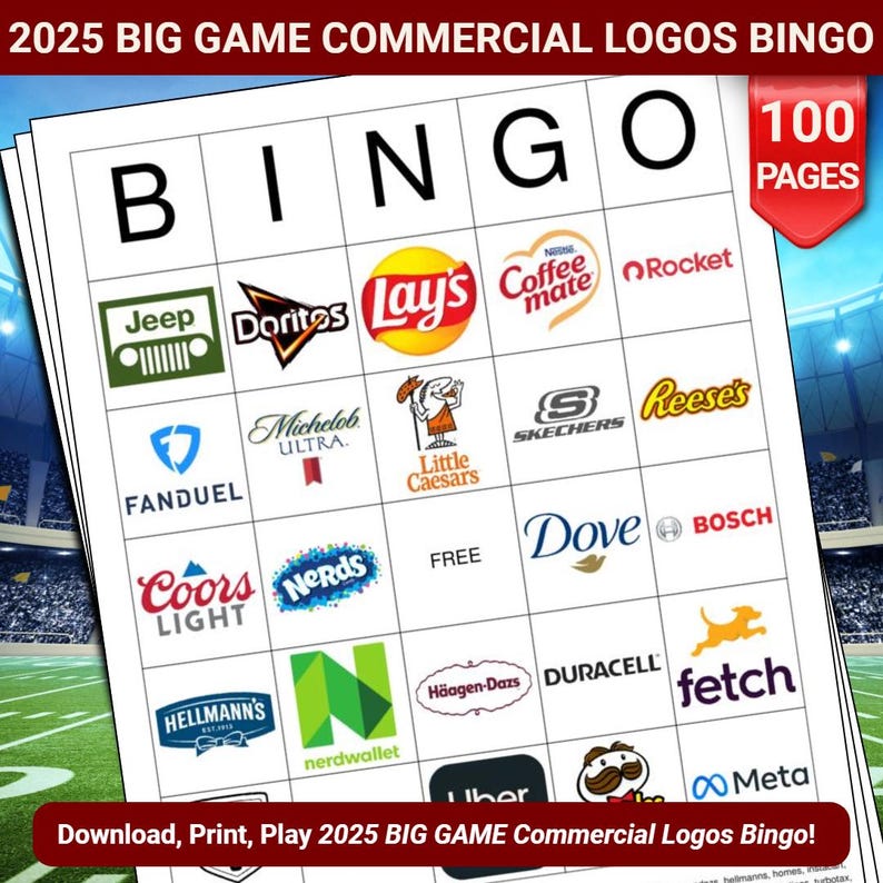 2025 BIG GAME Commercial Logos Bingo Cards - 100 Pages to Download and ...