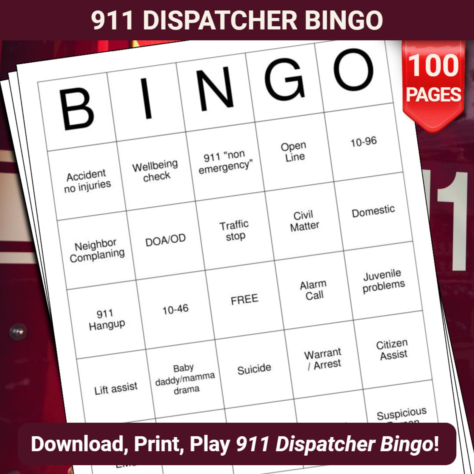 911 Dispatcher Bingo Cards - 100 Pages to Download and Print - Etsy