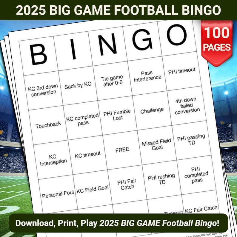 2025 BIG GAME Football Bingo Cards - 100 Pages to Download and Print - Etsy